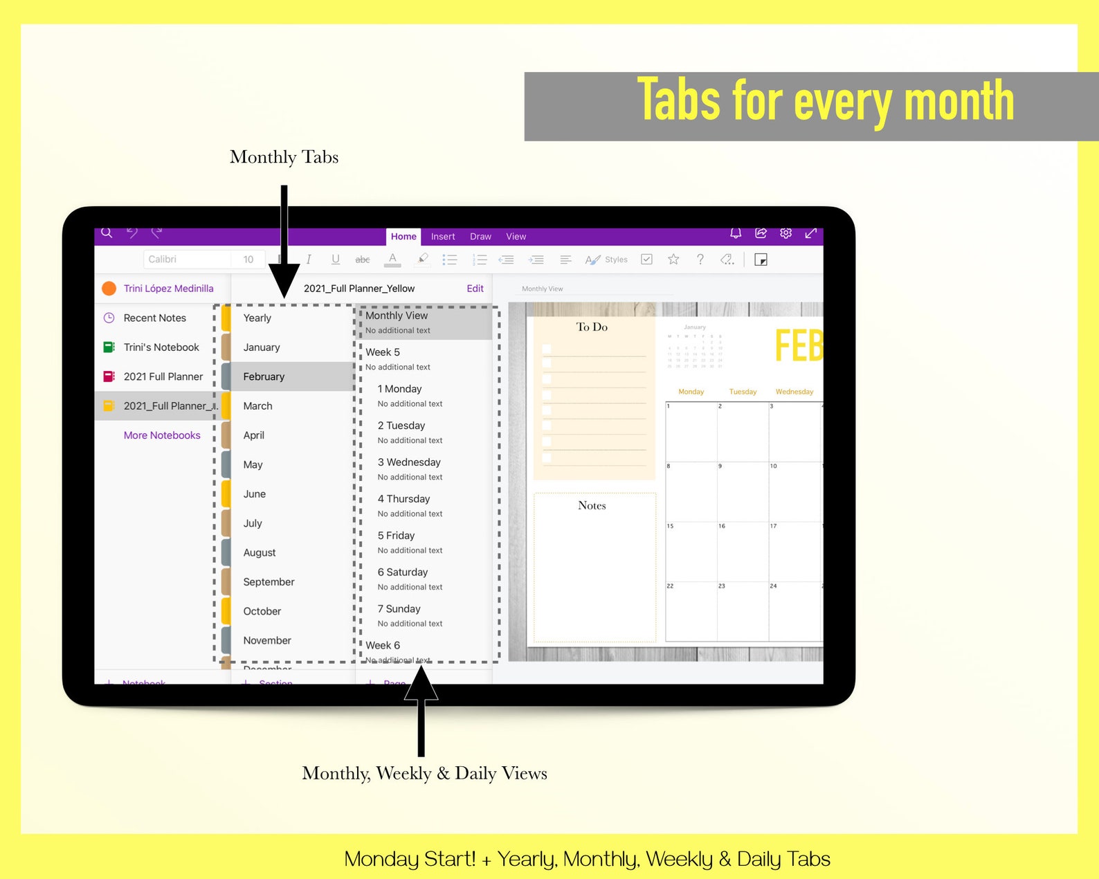 2021 ONENOTE Digital Planner YELLOW Monday Start | Etsy