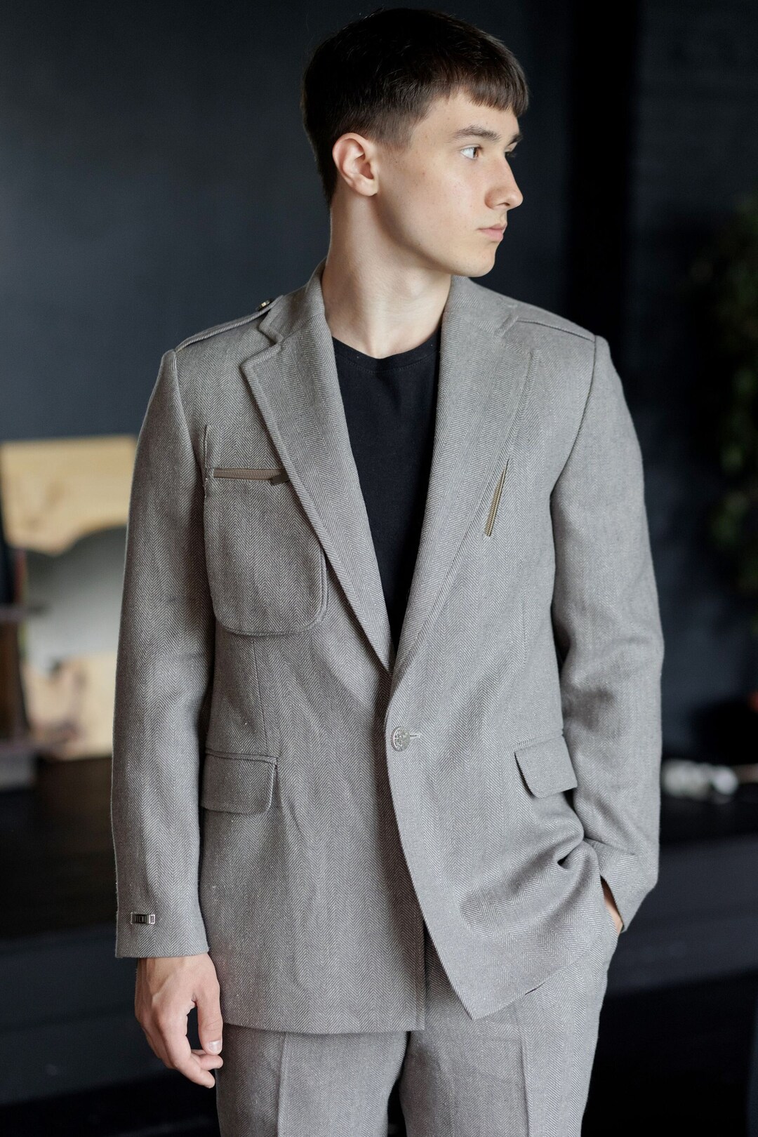 Men's Grey Jacket, Men Casual Jacket, Linen Jacket, Jacquard Linen ...