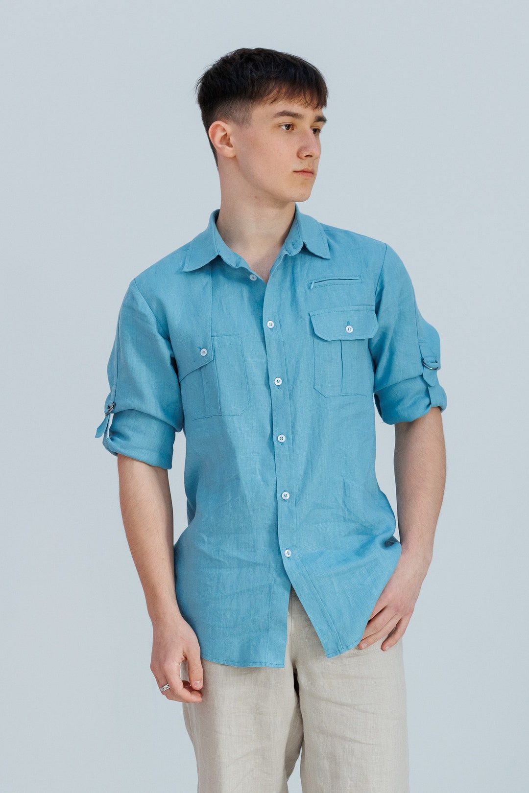 Classic Linen Shirt With Collar and Chest Pockets - Long Sleeve Button ...