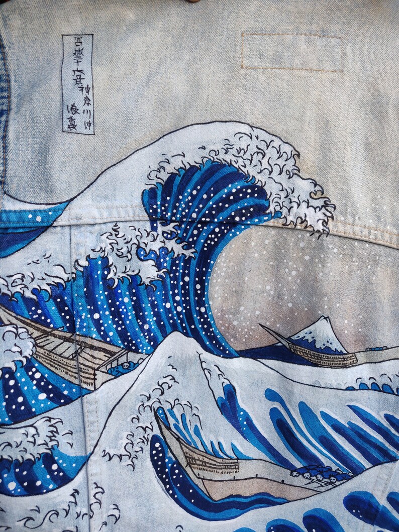 Hand Painted 'great Wave off Kanagawa' Denim Jacket I Unique Wearable ...