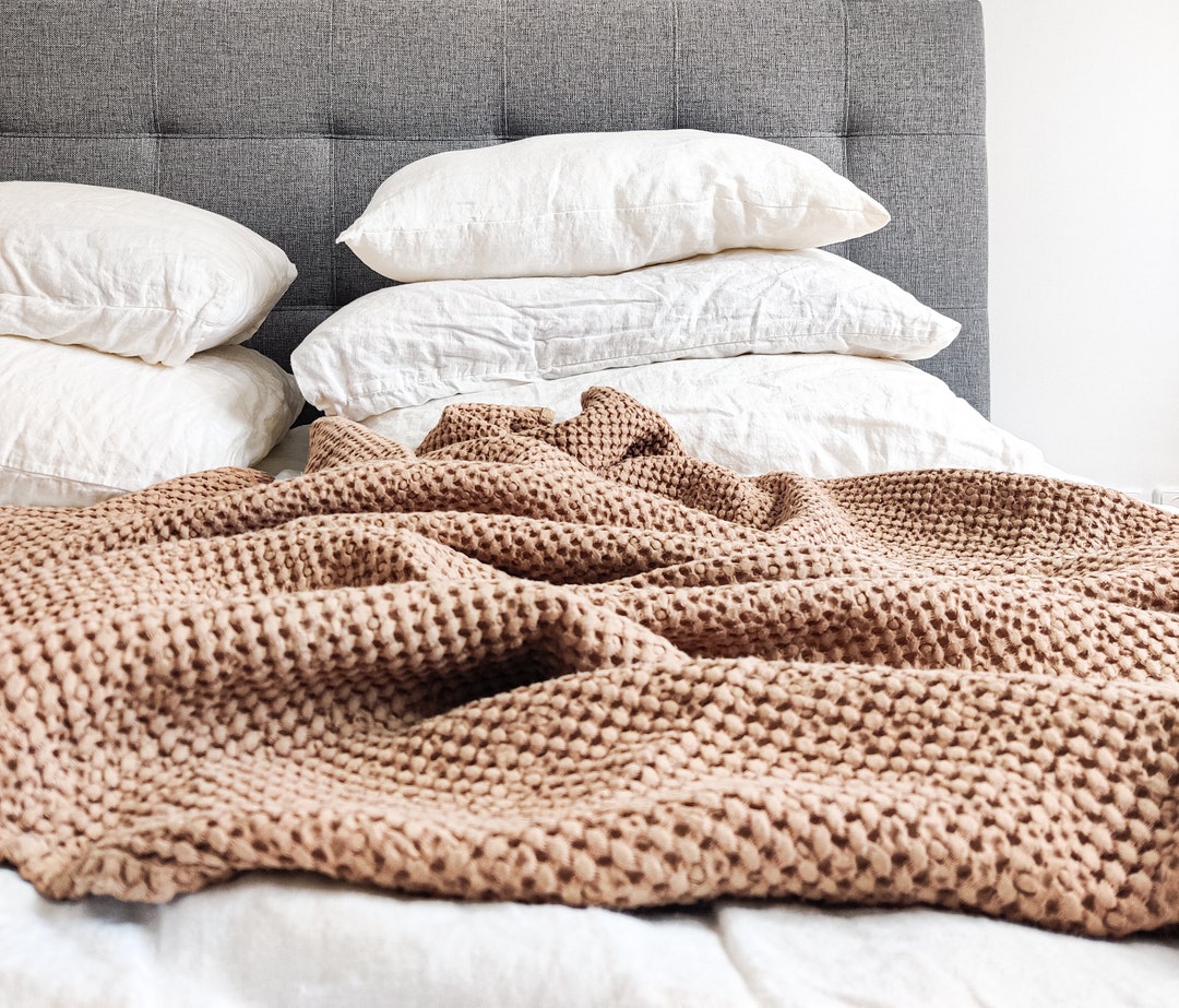Waffle Linen Blanket in Moka Brown. Linen Throw Blanket in Twin, King ...