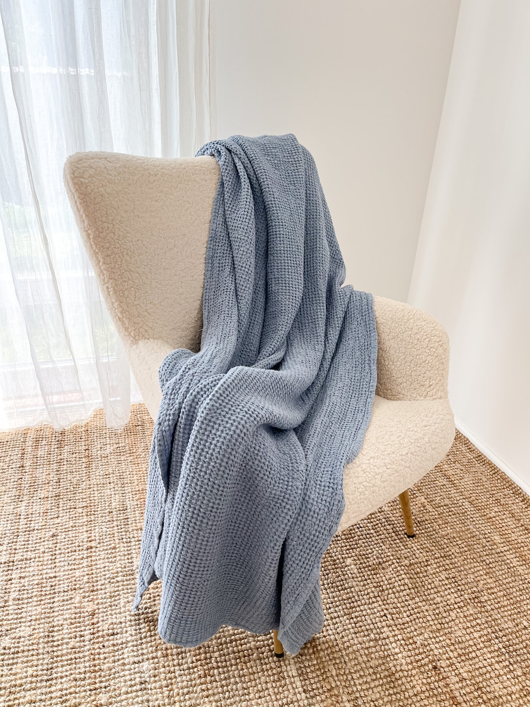 Dusty Blue Linen Throw Blanket: Organic Waffle Weave Bedspread - Etsy