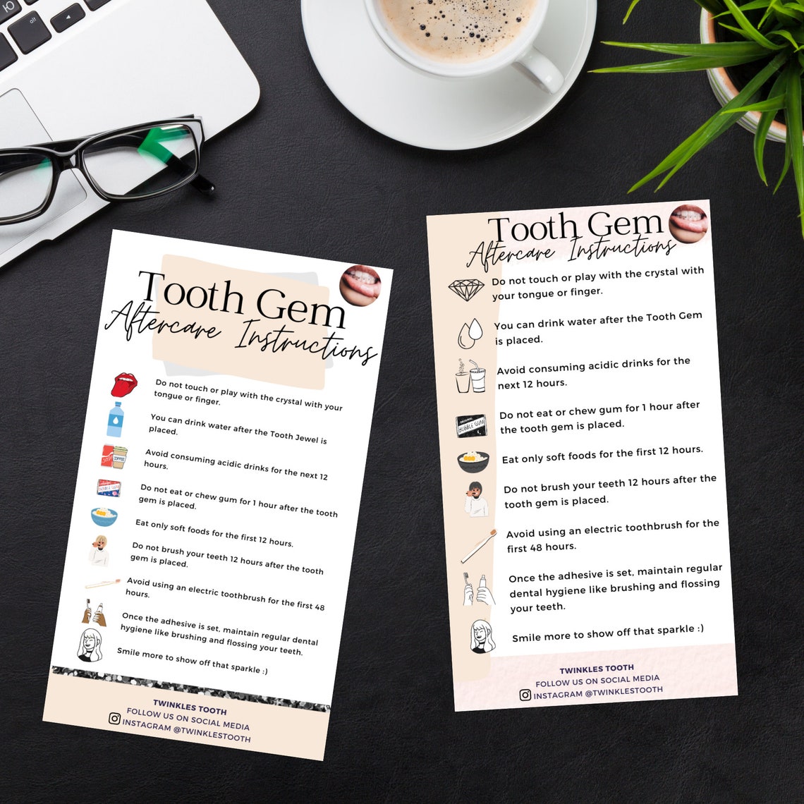 Editable Tooth Gem Aftercare Instruction Card Canva Template , Tooth ...