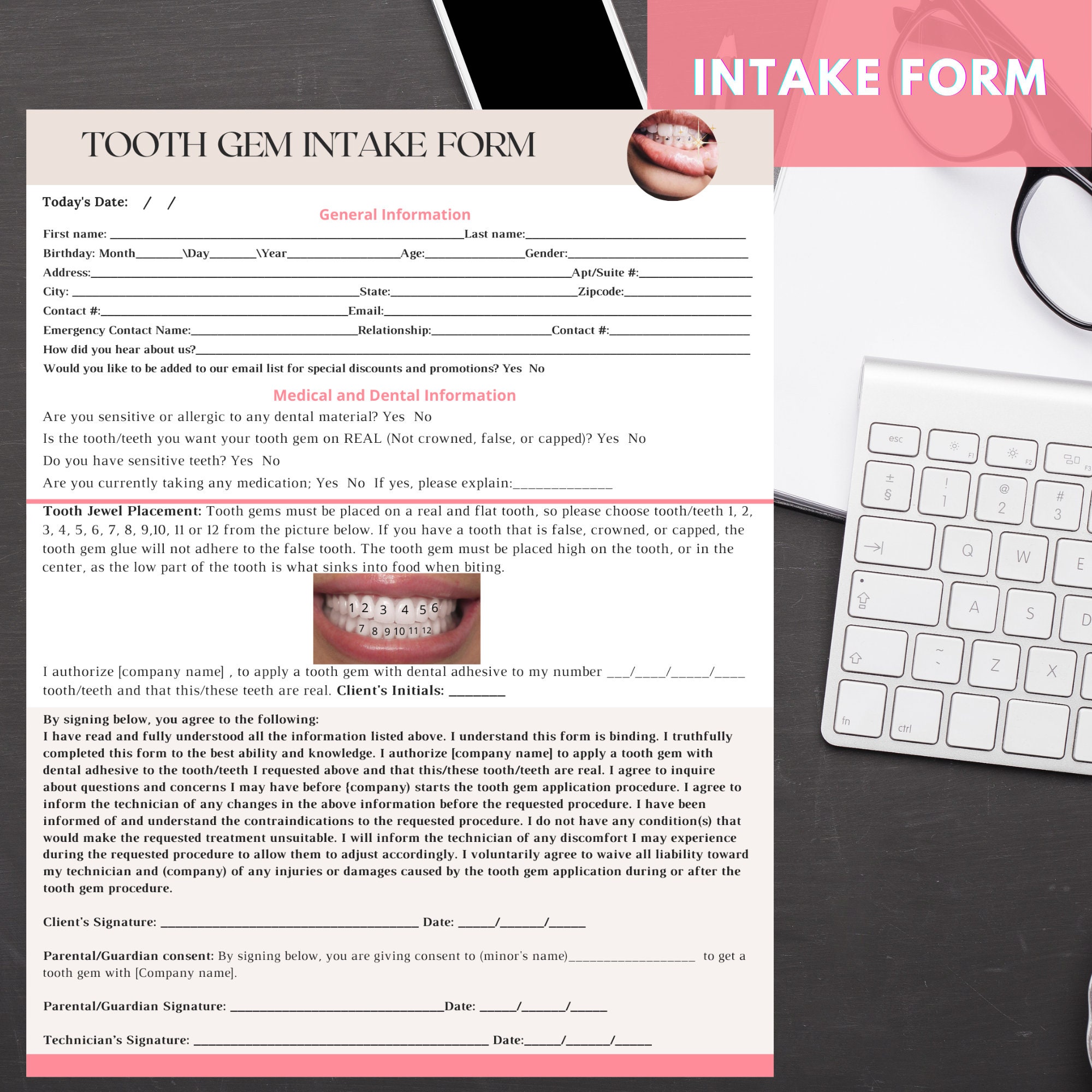 Tooth Gem Consent Form Canva, Editable Tooth Gem Intake, Consent ...
