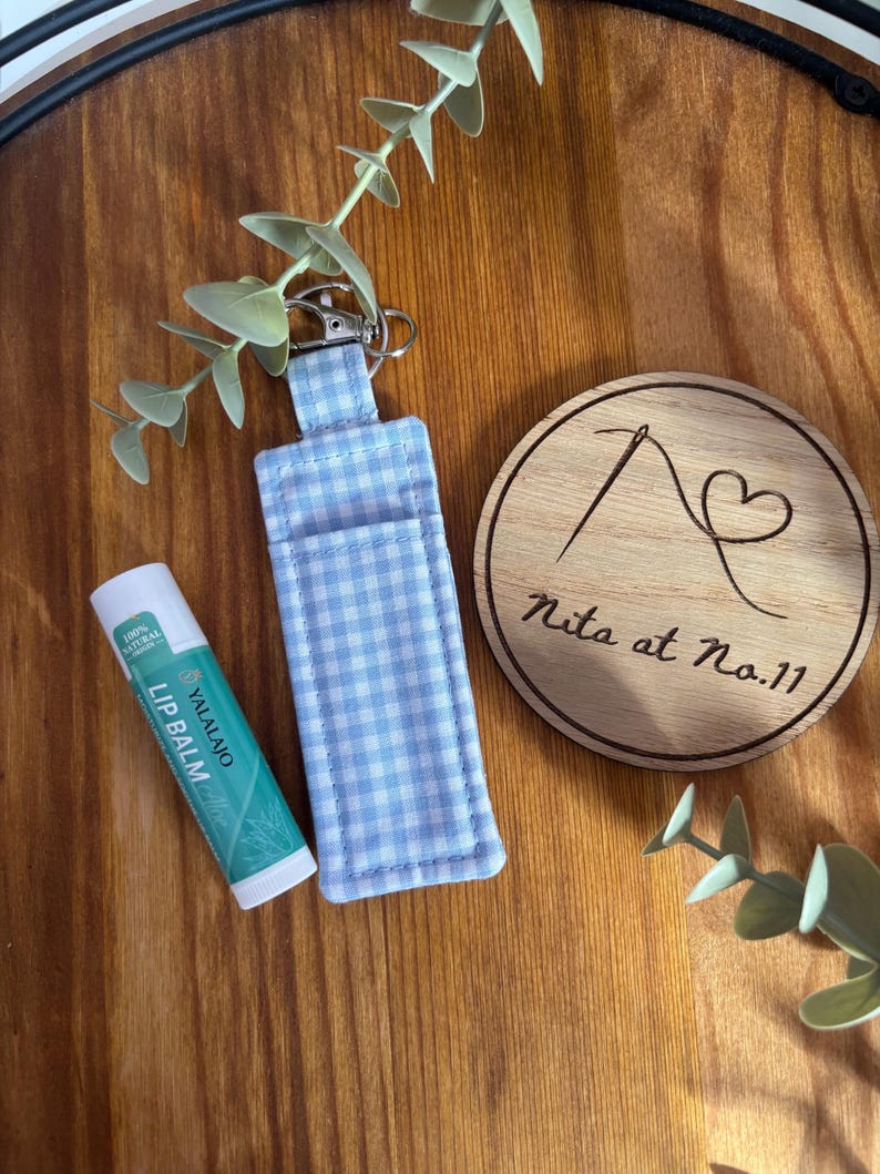 Gingham Lip Balm Holder With Key Ring, Machine Washable Cotton Bag ...