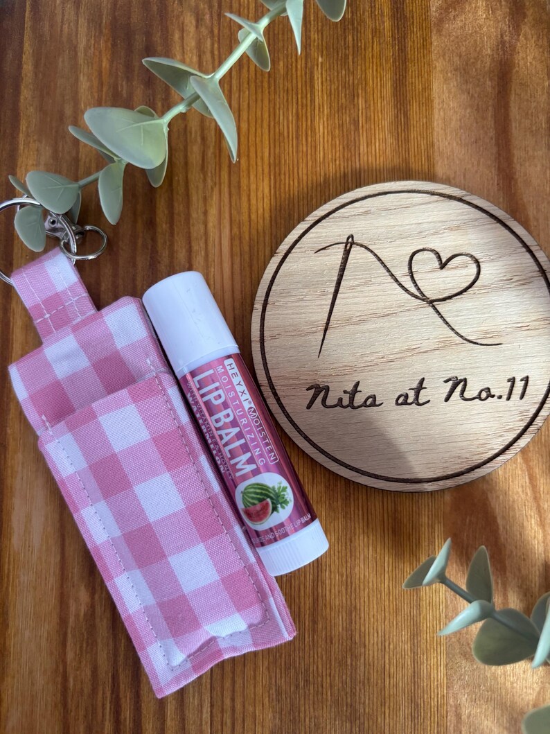 Gingham Lip Balm Holder With Key Ring, Machine Washable Cotton Bag ...