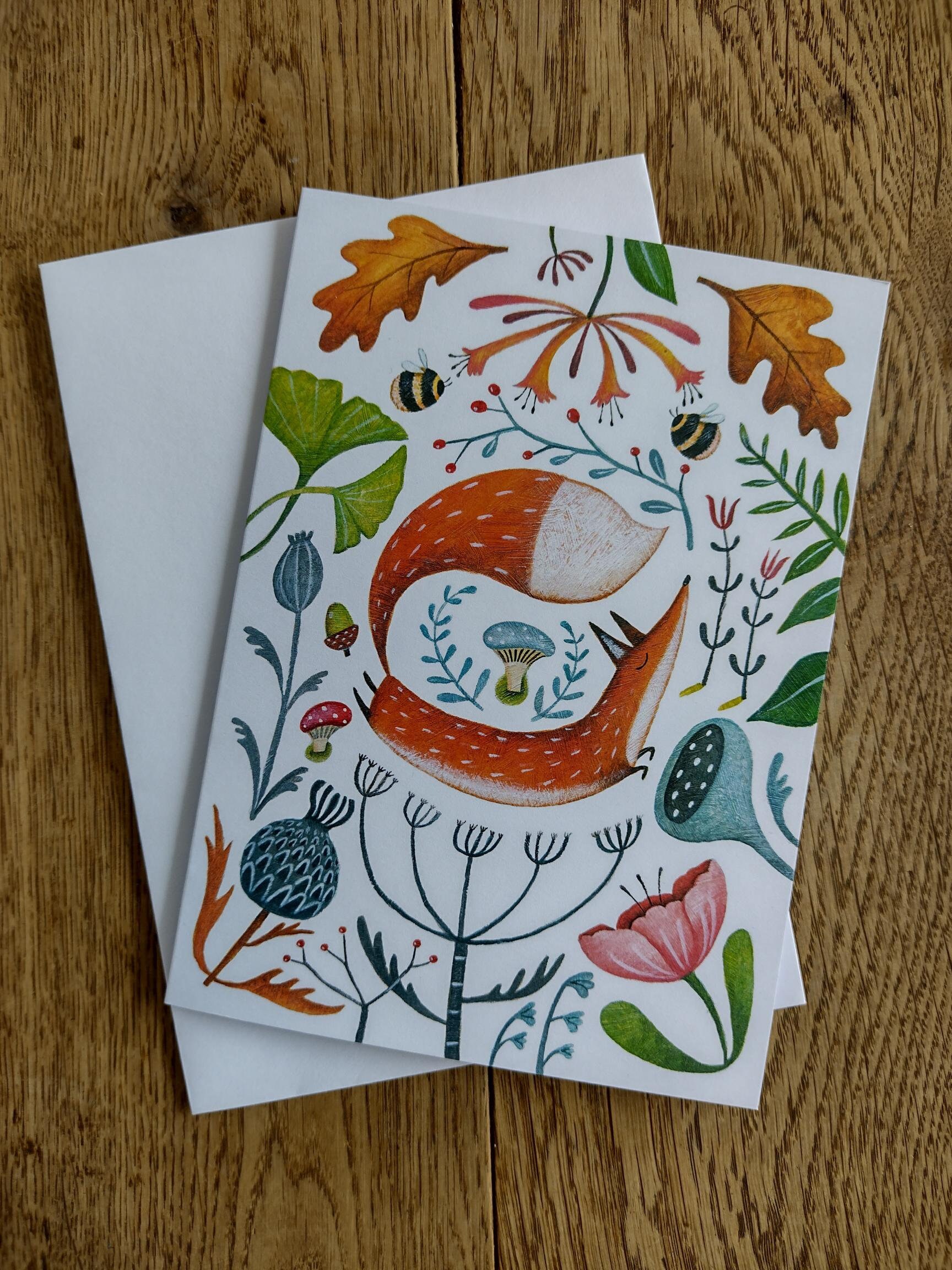 Greetings Card foxy Fox Illustrated Card Flower - Etsy