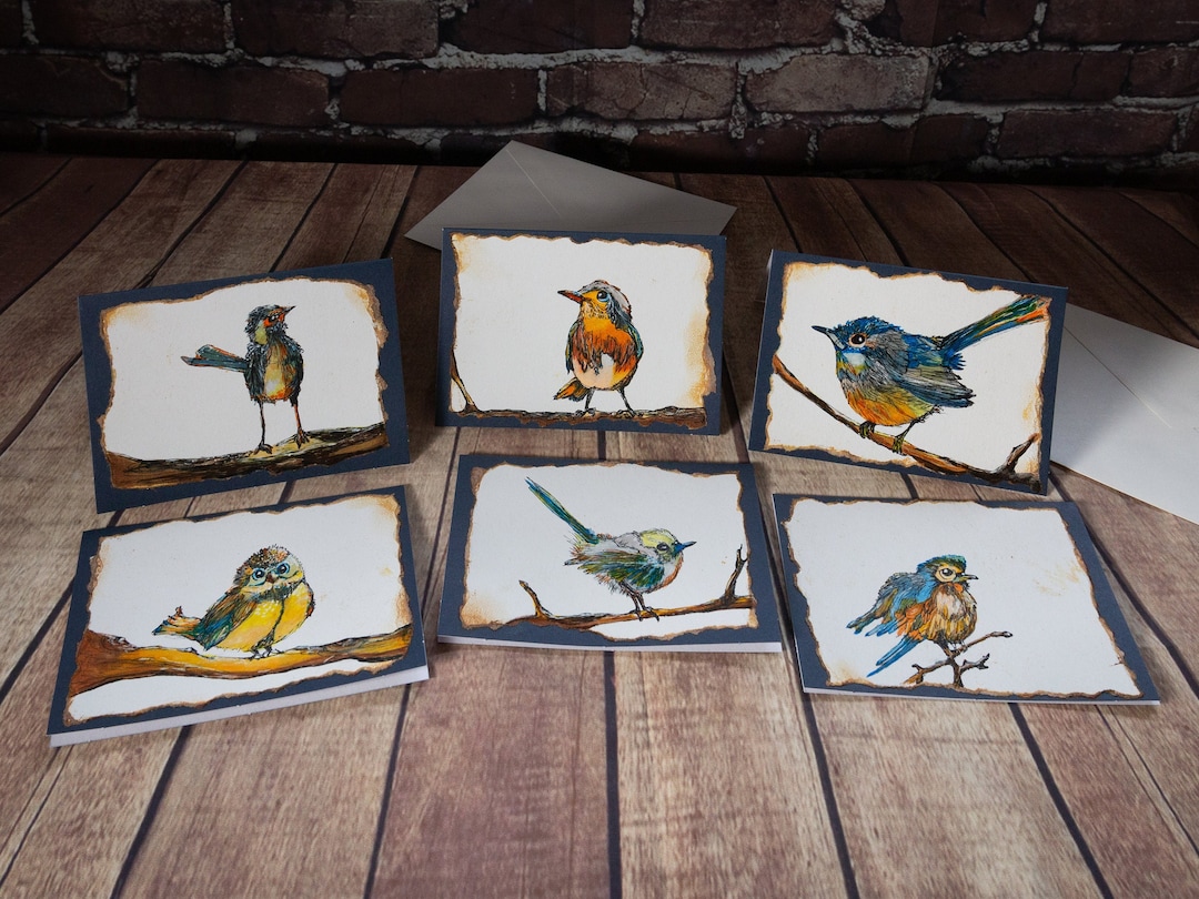 Colorful Birds Note Cards With Envelopes. Set of 6. Unique Handmade Art ...
