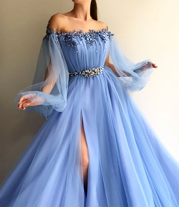 Sky Blue Gowns With Sleeves