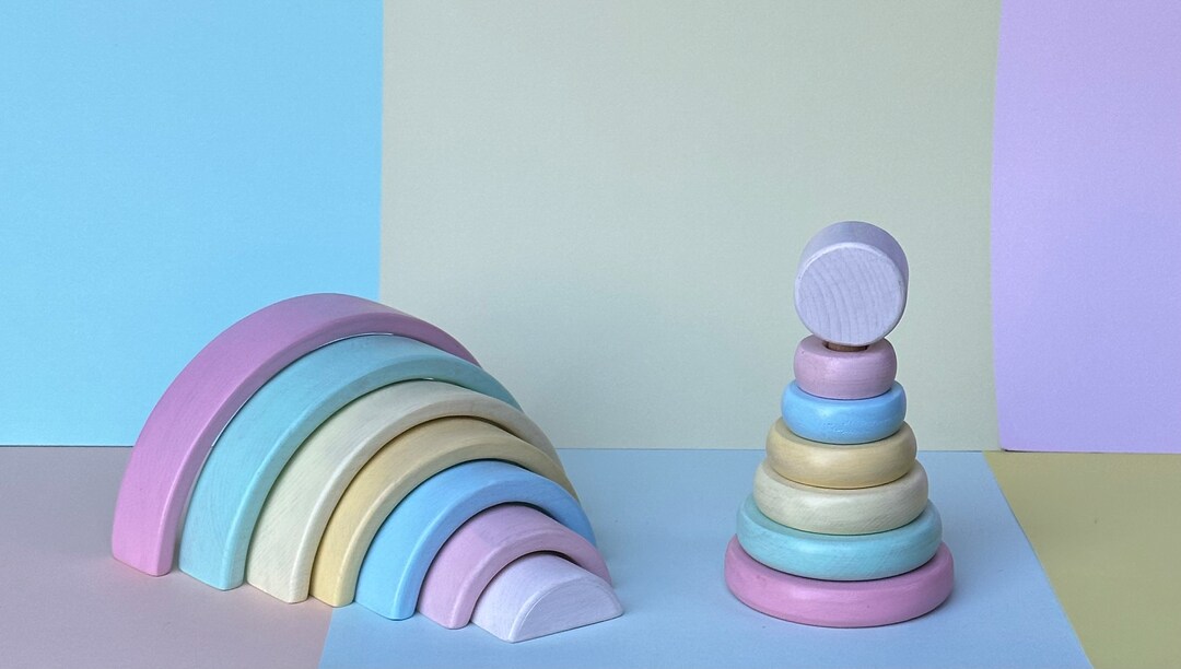 Pastel Rainbow and Pyramid Stacking Rings - Montessori Wooden Toys ...