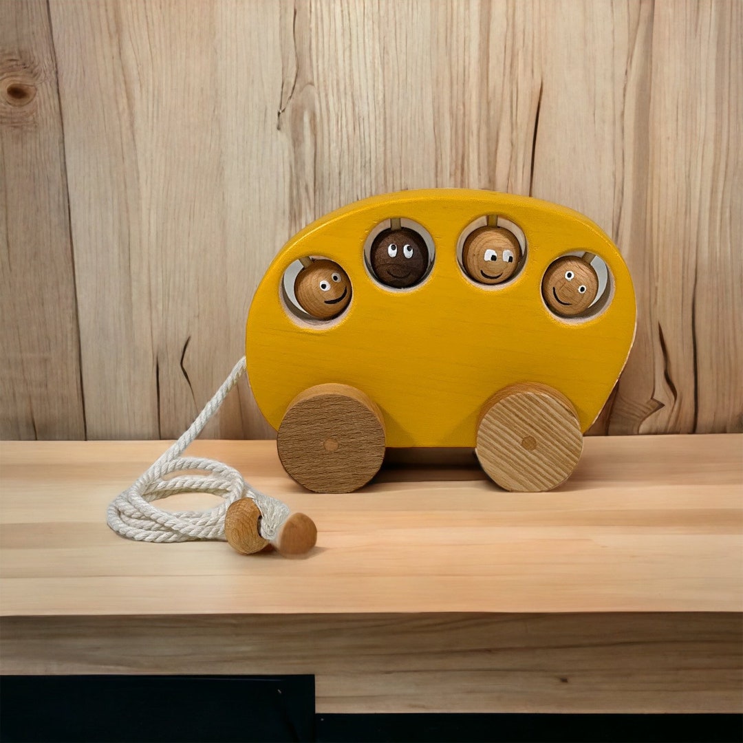 Cute Wooden Pull Along Bus Toy - Toddler Push Toy - 1 Year Old Learning ...
