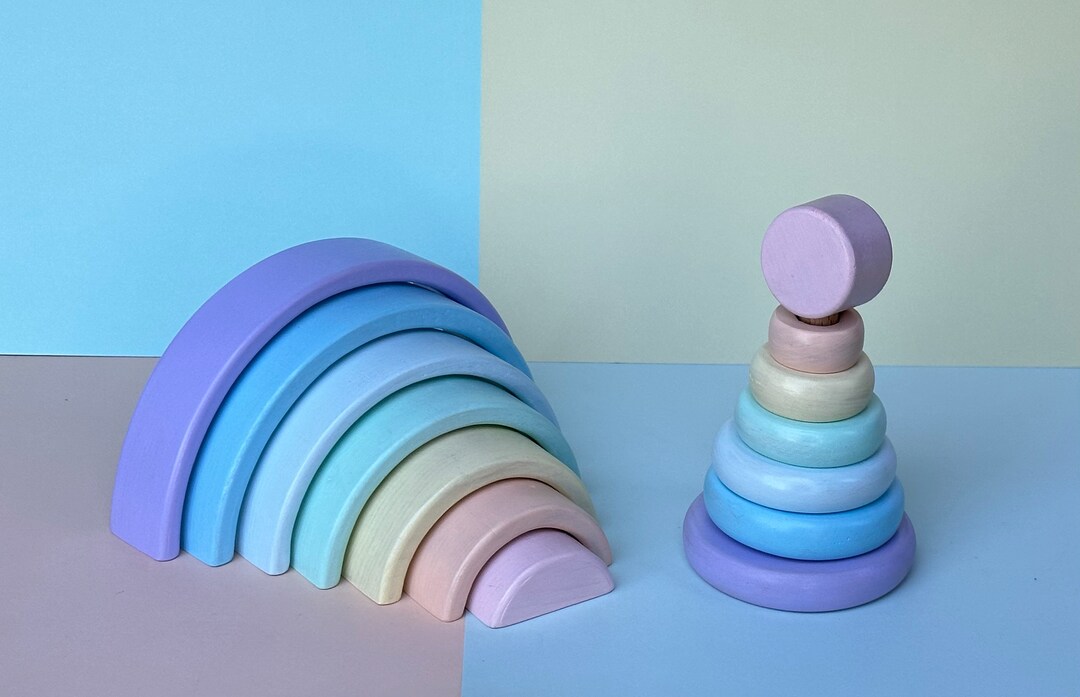 Montessori Wooden Stacking Toys, Pastel Rainbow and Pyramid Set ...