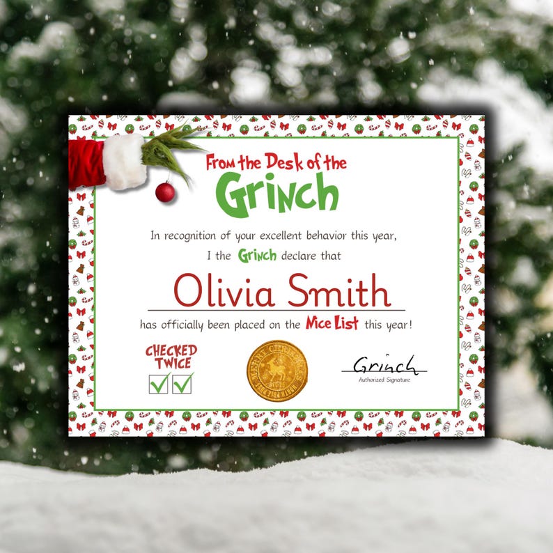 EDITABLE Grinch Nice List Certificate, Official Letter From Grinch ...