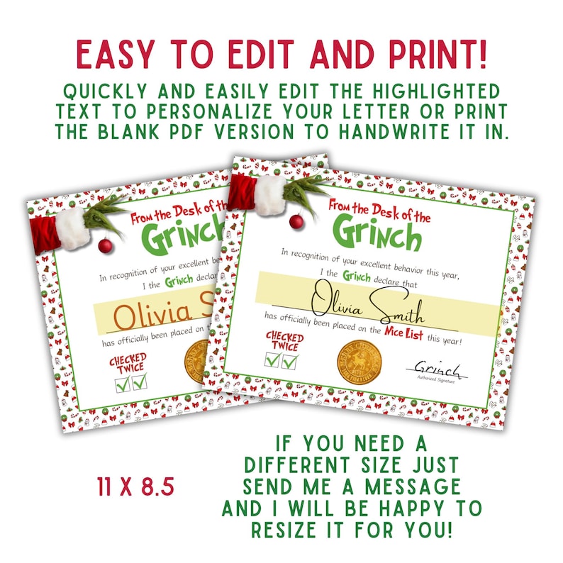 EDITABLE Grinch Nice List Certificate, Official Letter From Grinch ...