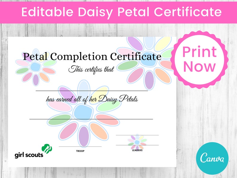 Girl Scout Daisy Petal Completion Certificate Printable | Etsy