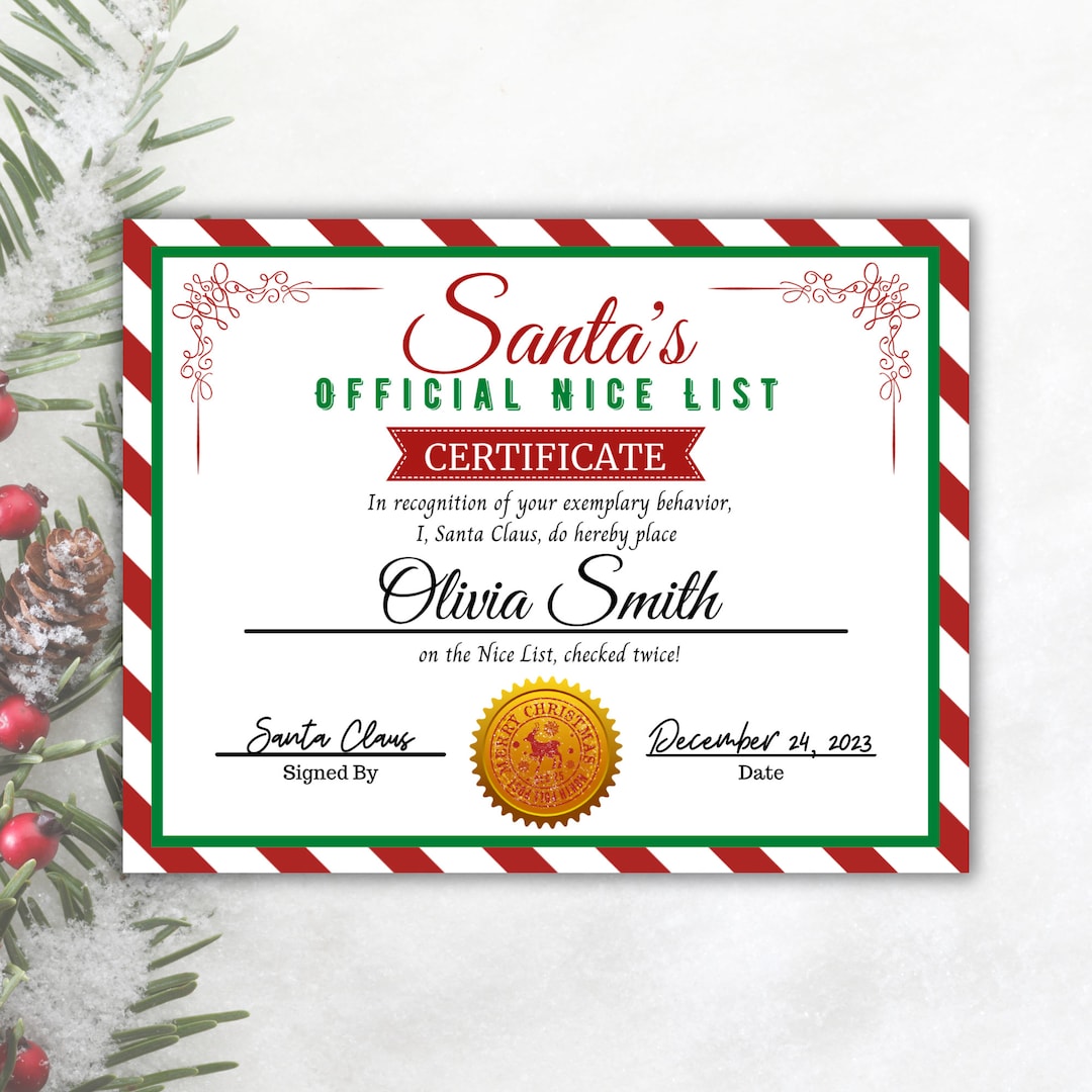 Editable Nice List Certificate, Letter From Santa, Official Nice List ...