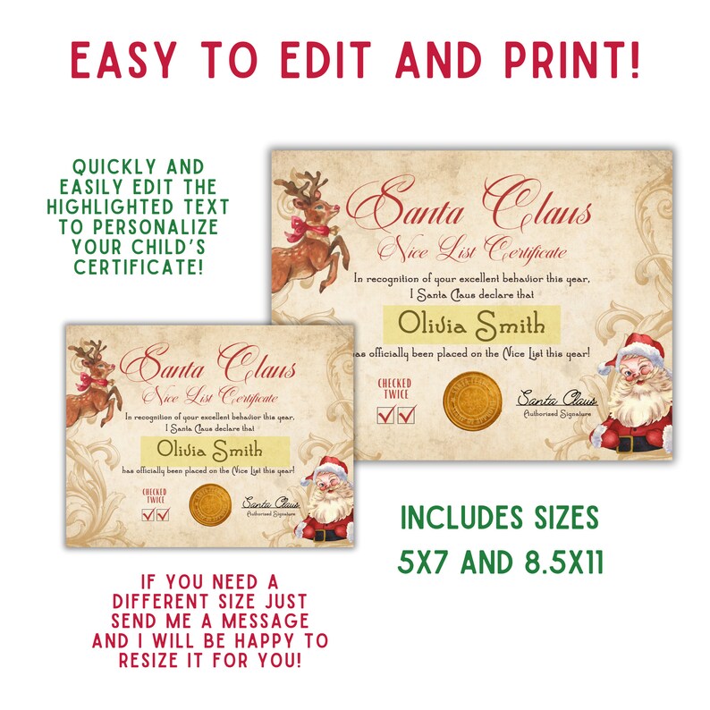 Nice List Certificate Template, Editable Santa Claus Certificate ...