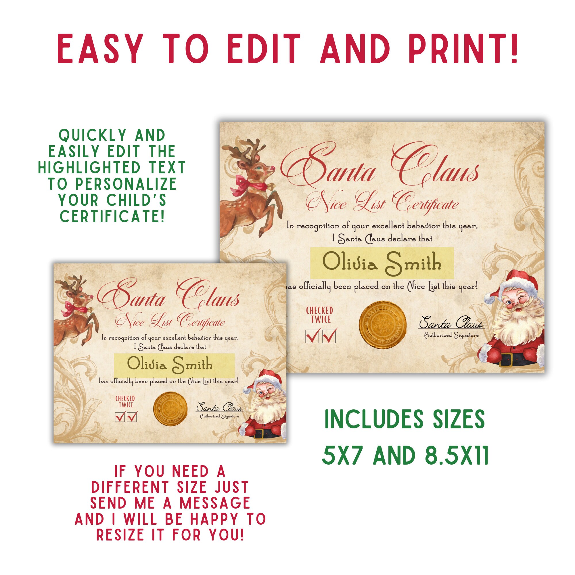 Nice List Certificate Template, Editable Santa Claus Certificate ...