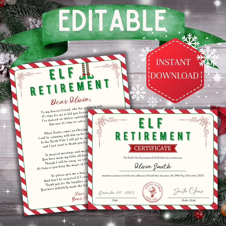 Elf Retirment Letter and Certificate, Editable Elf Retiring Letter ...