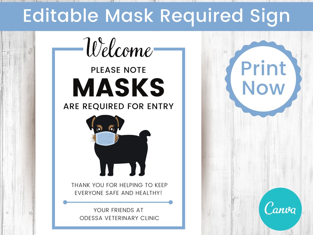 Mask Required Sign, Editable Mask Sign for Veterinary, Printable Mask ...