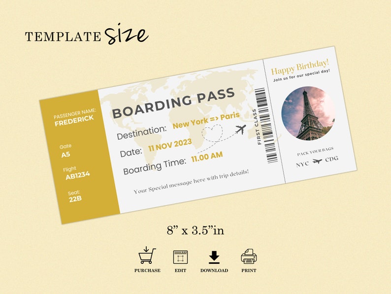 Boarding Pass Invitation Digital Download, Editable Canva Template ...
