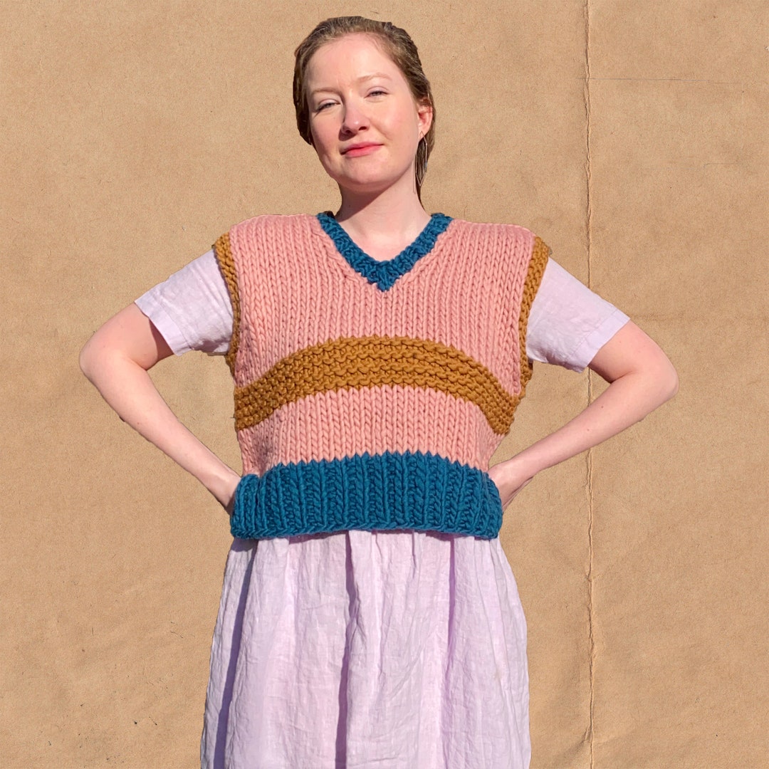 Handknit Sweater Vest / Chunky 100% Merino Wool V-neck Colorblocked - Etsy