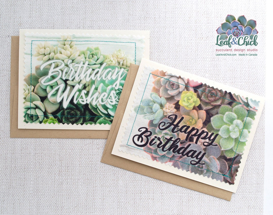 Birthday Succulent Fabric Greeting Cards Sewn Onto a Recycled Cardstock ...
