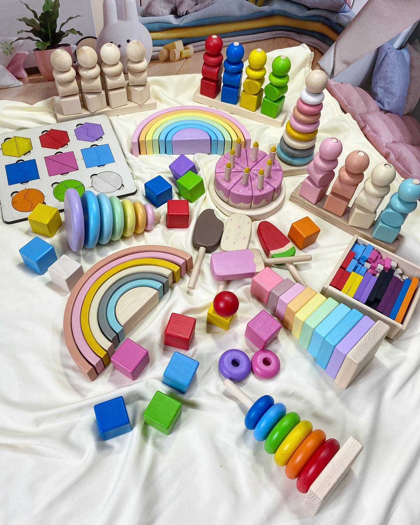 Wooden Rainbow Stacker Toy, Grimms Toys Montessori Rainbow Stacking ...