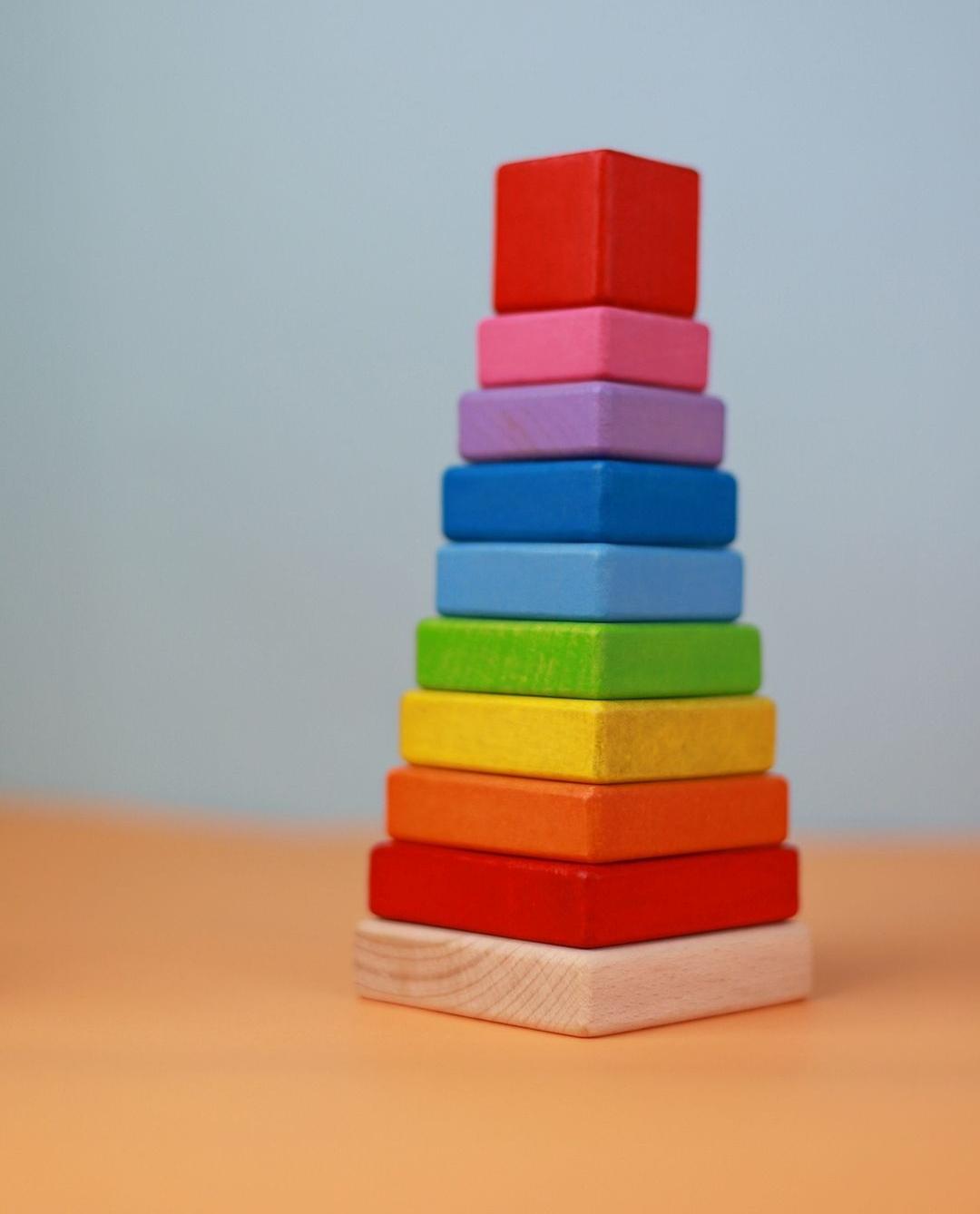 Wooden Rainbow Stacker Square Pyramid, Montessori Wood Pyramid Stacking ...