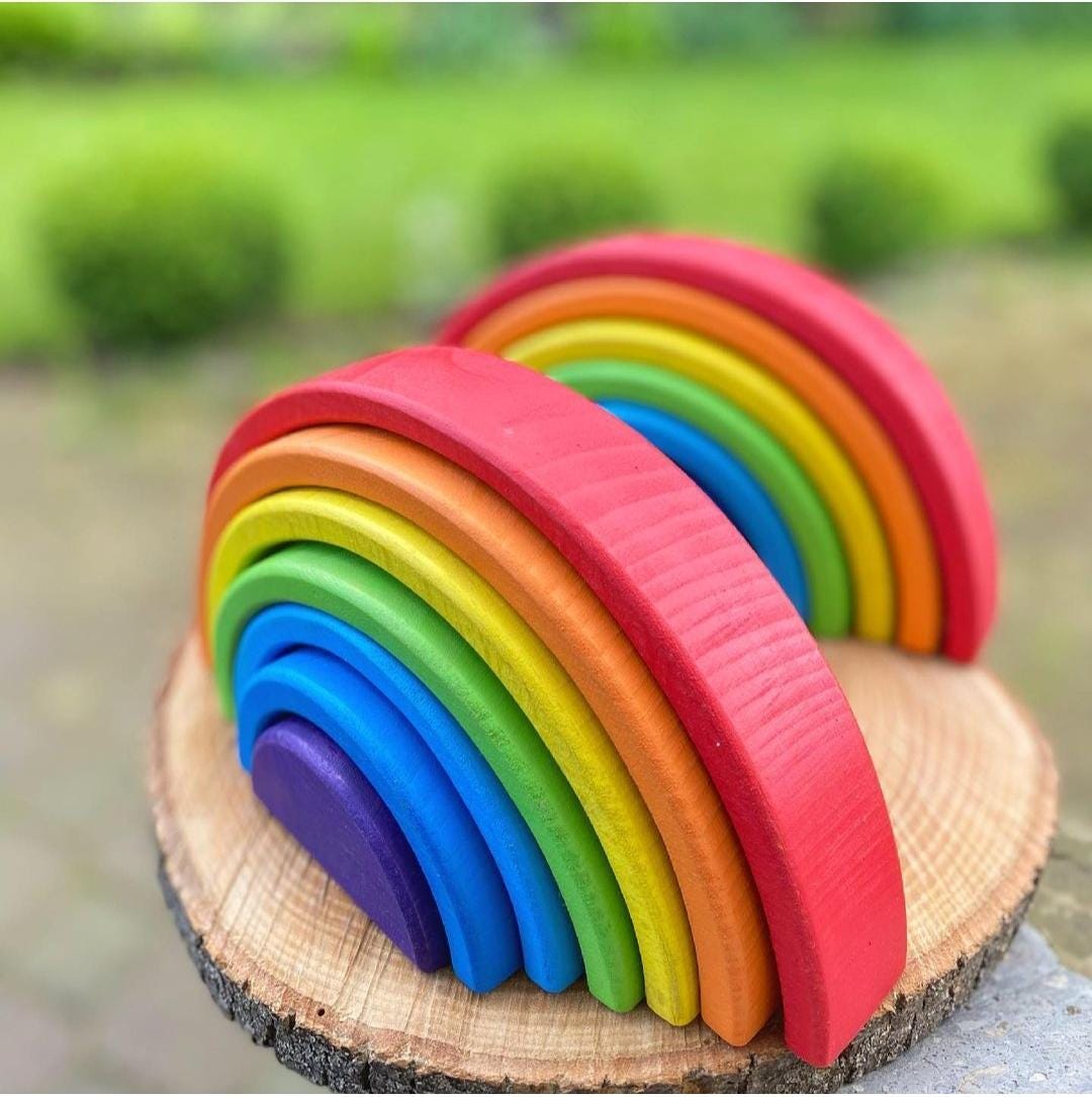Wooden Rainbow Stacker Toy, Grimms Toys Montessori Rainbow Stacking ...