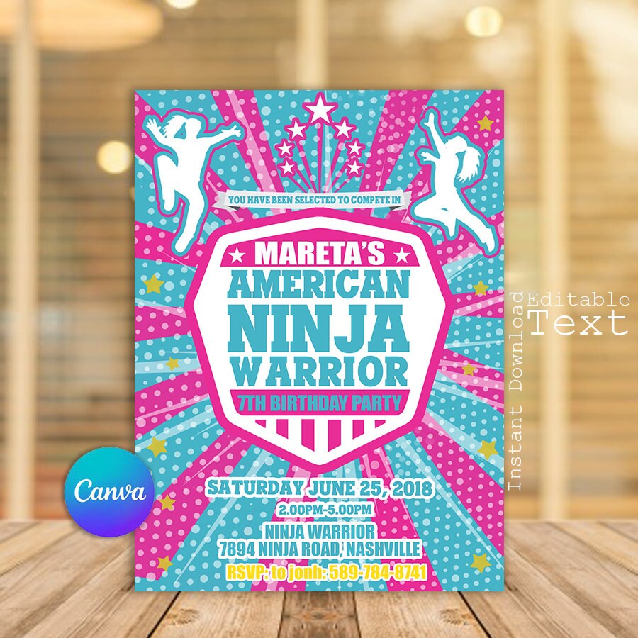 Ninja Warrior Girls Invitation, Ninja Warrior Birthday Invitation ...