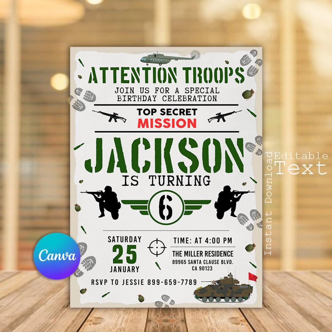 Military Theme Birthday Invitation, Camo Invite, Army Theme Invitation ...