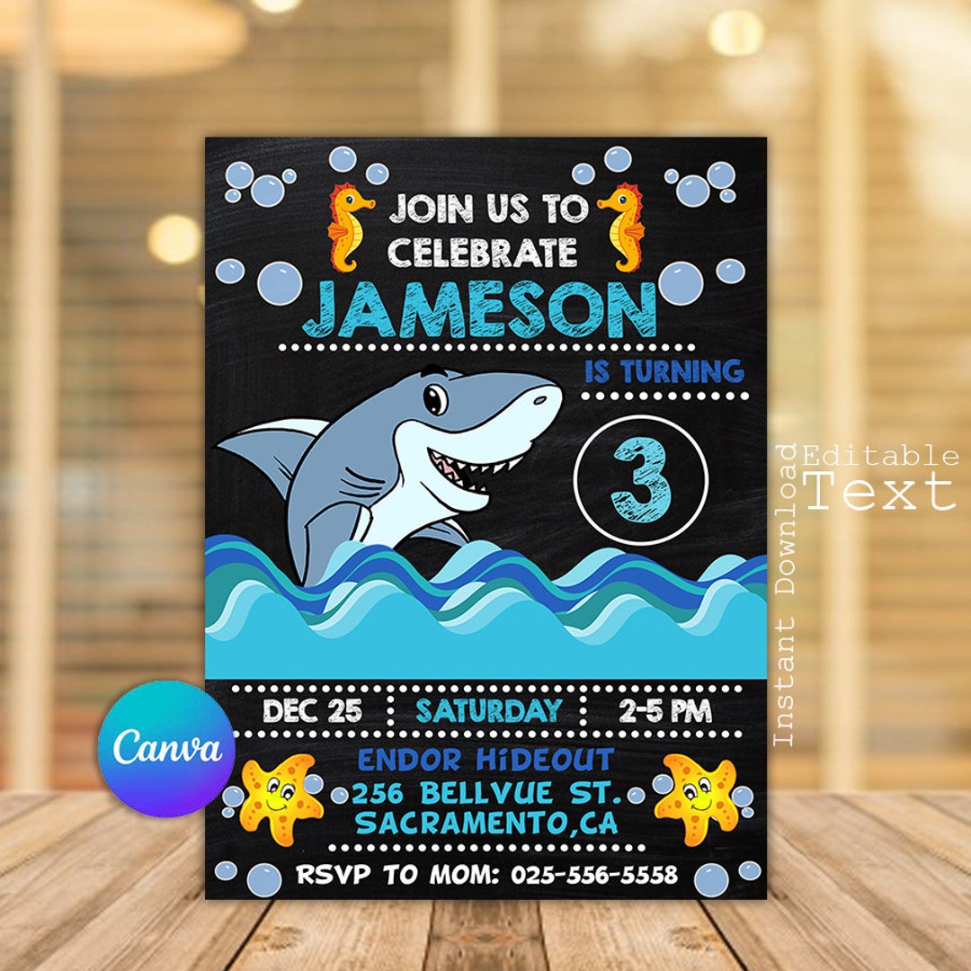 Shark Birthday Invitation, Shark Invitations, Shark Invites, Pool Party ...