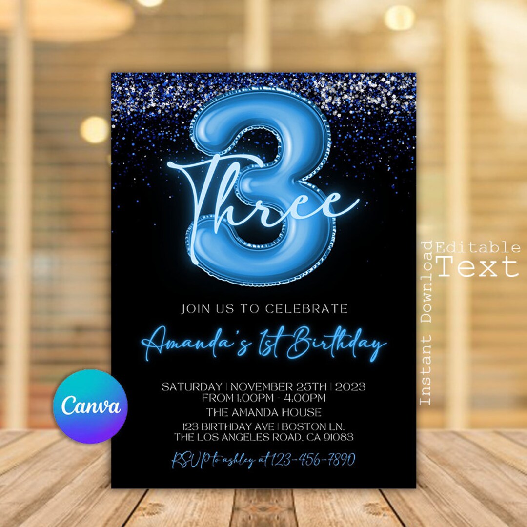 Editable Blue 3rd Birthday Invitation, Glitter Birthday Party Invite ...