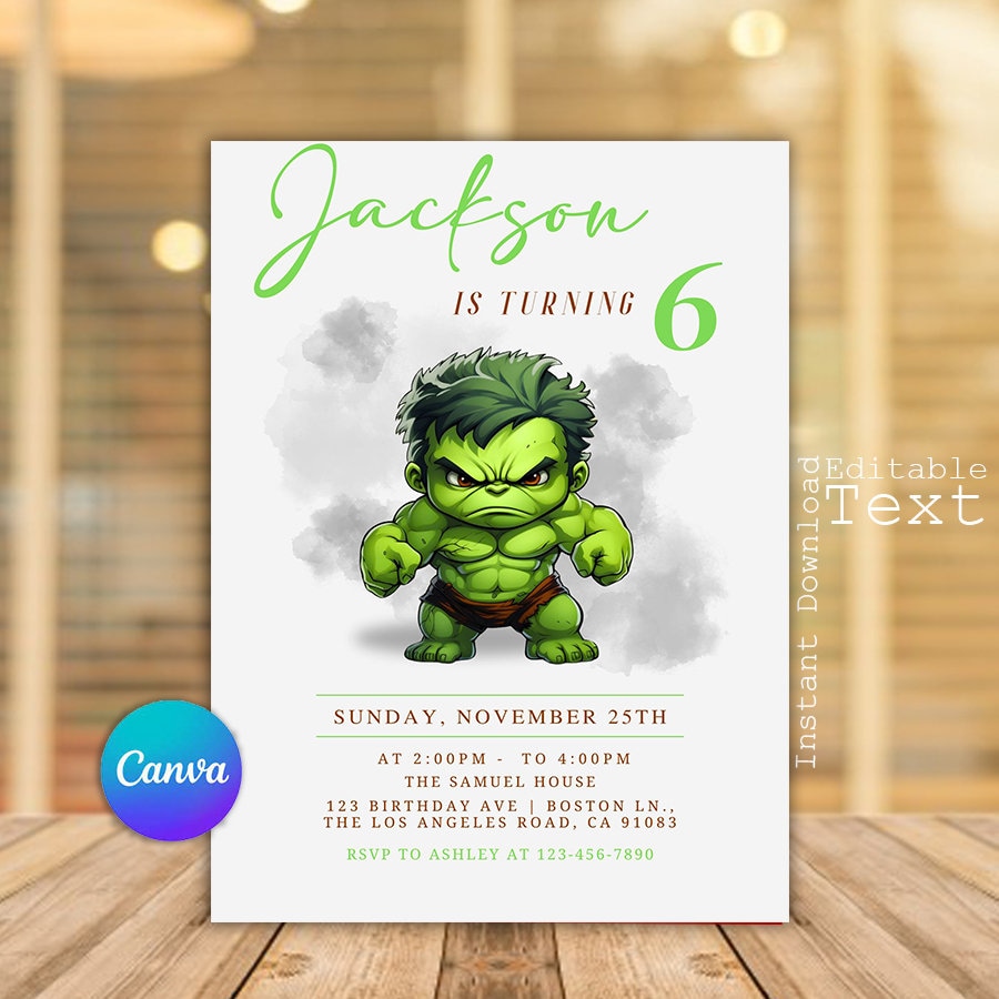 Hulk Birthday Invitation, Hulk Invitation, Superhero Birthday ...