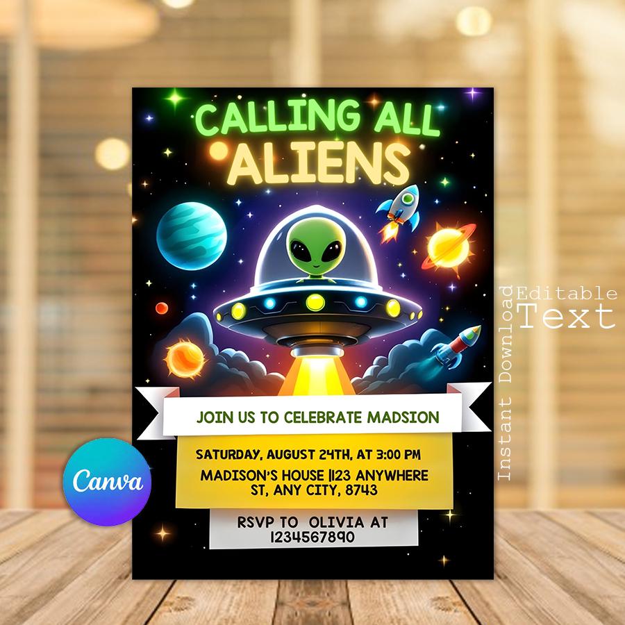 Alien Birthday Invitation, UFO Invitation, Alien Invitation, Spaceship ...