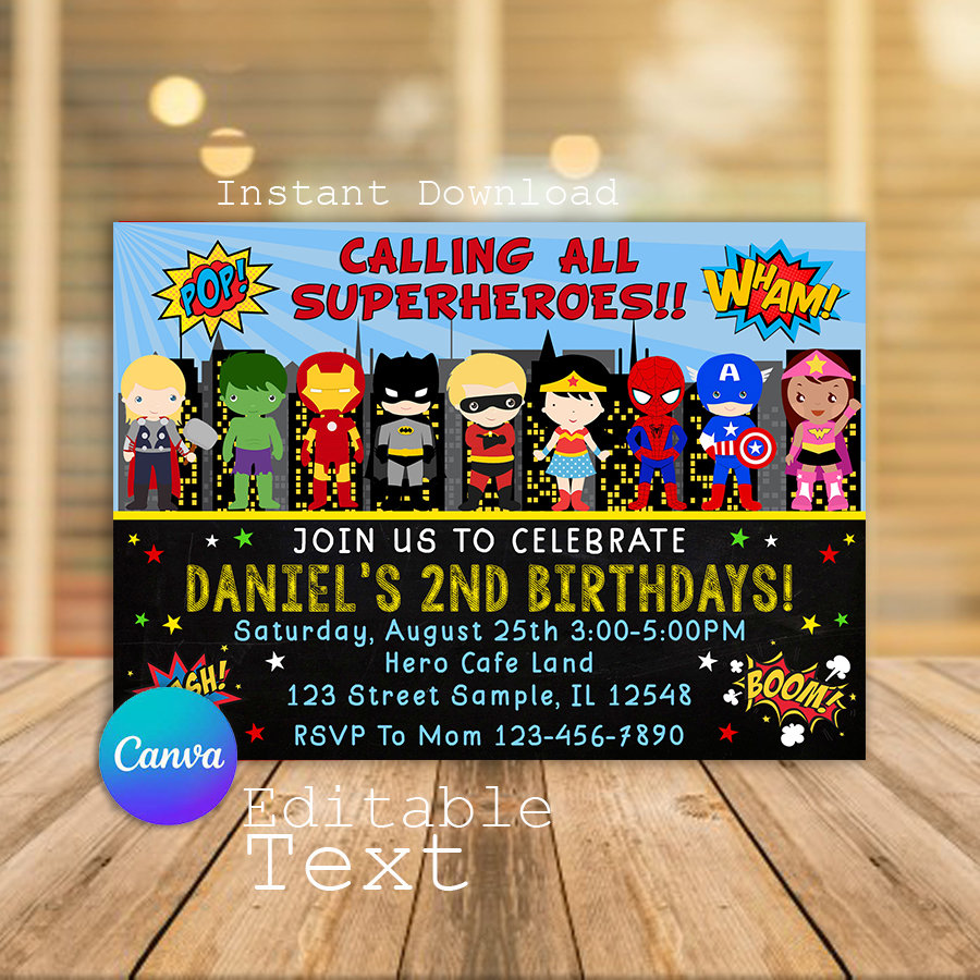 Superhero Birthday Invitation, Superhero Party Invitation, Superhero ...