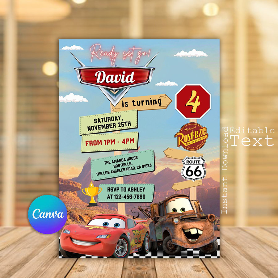 Cars Birthday Invitation, Lightning Mcqueen Invitation, Cars Invitation ...