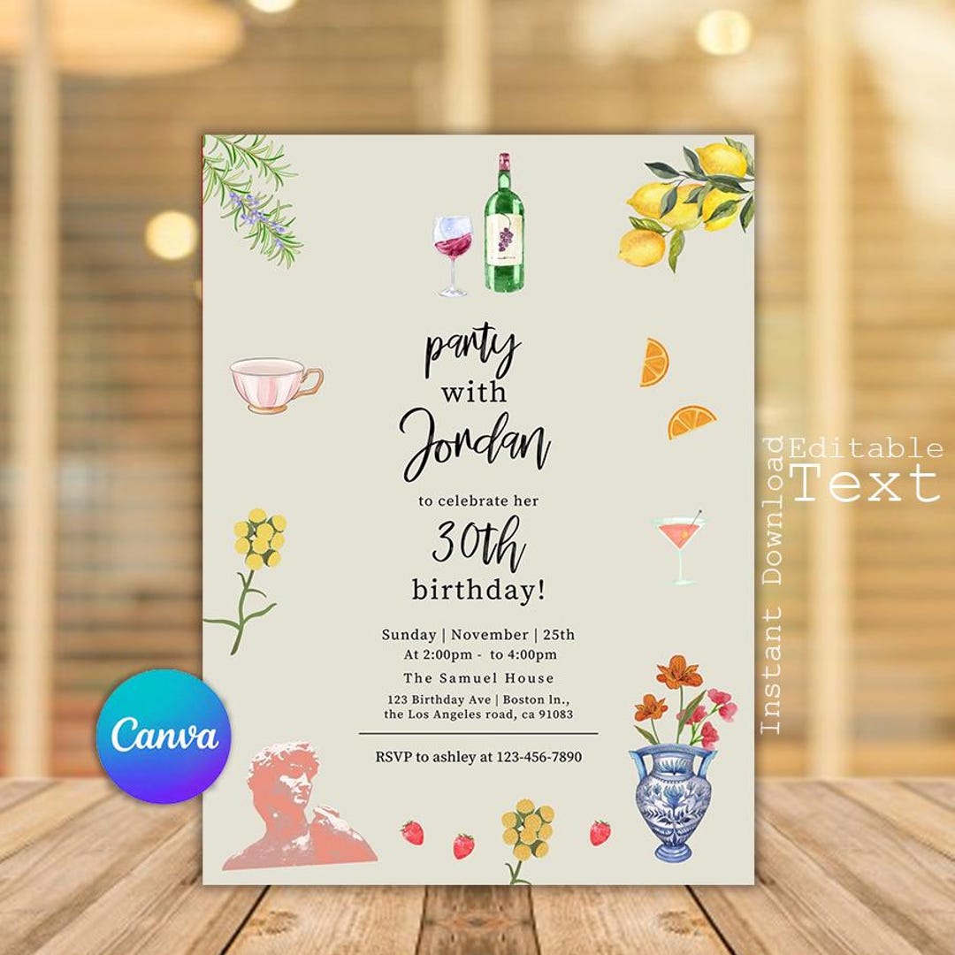 Italy Mediterranean Vibe, Birthday Anniversary Dinner Party, Hand Drawn ...
