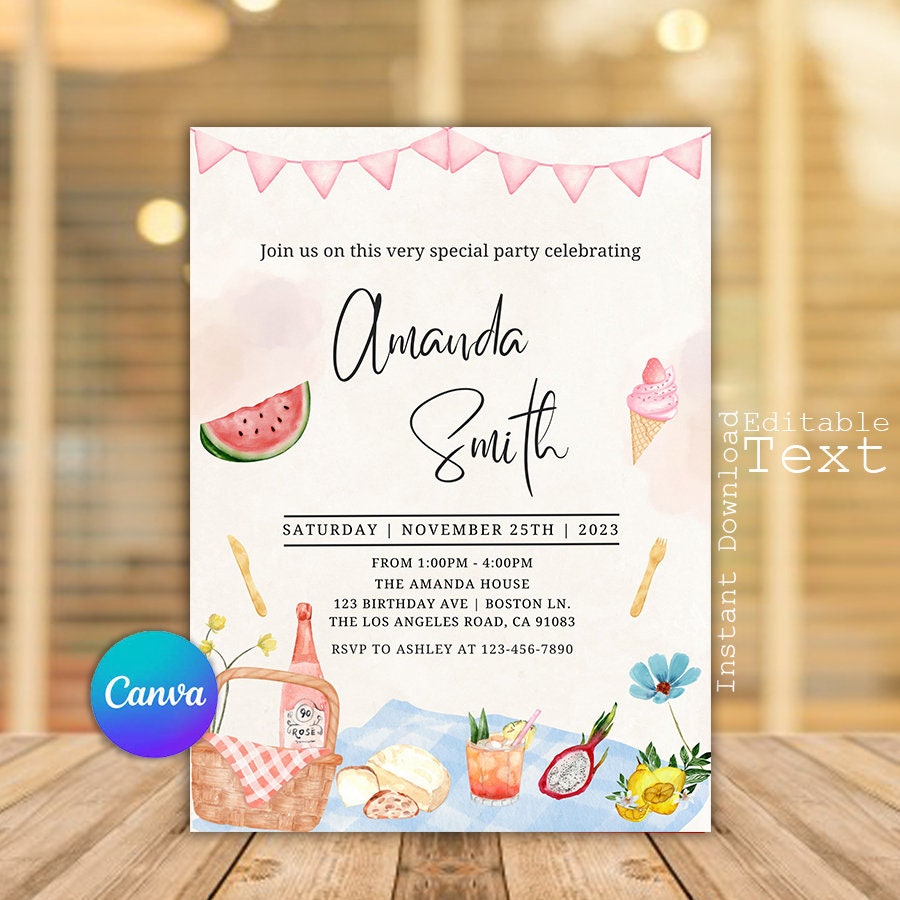 Picnic Birthday Invitation, Picnic Invitation, Summer Birthday, Picnic ...