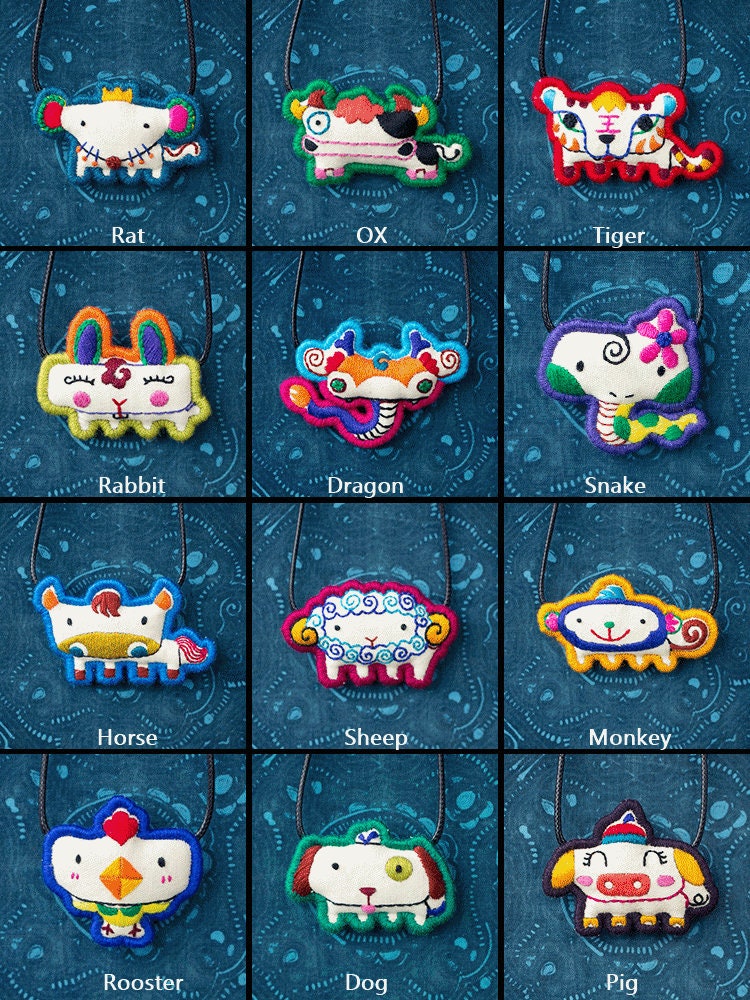 Chinese 12 Zodiac Signs Necklace/brooch Handmade Embroidery Animal Year ...