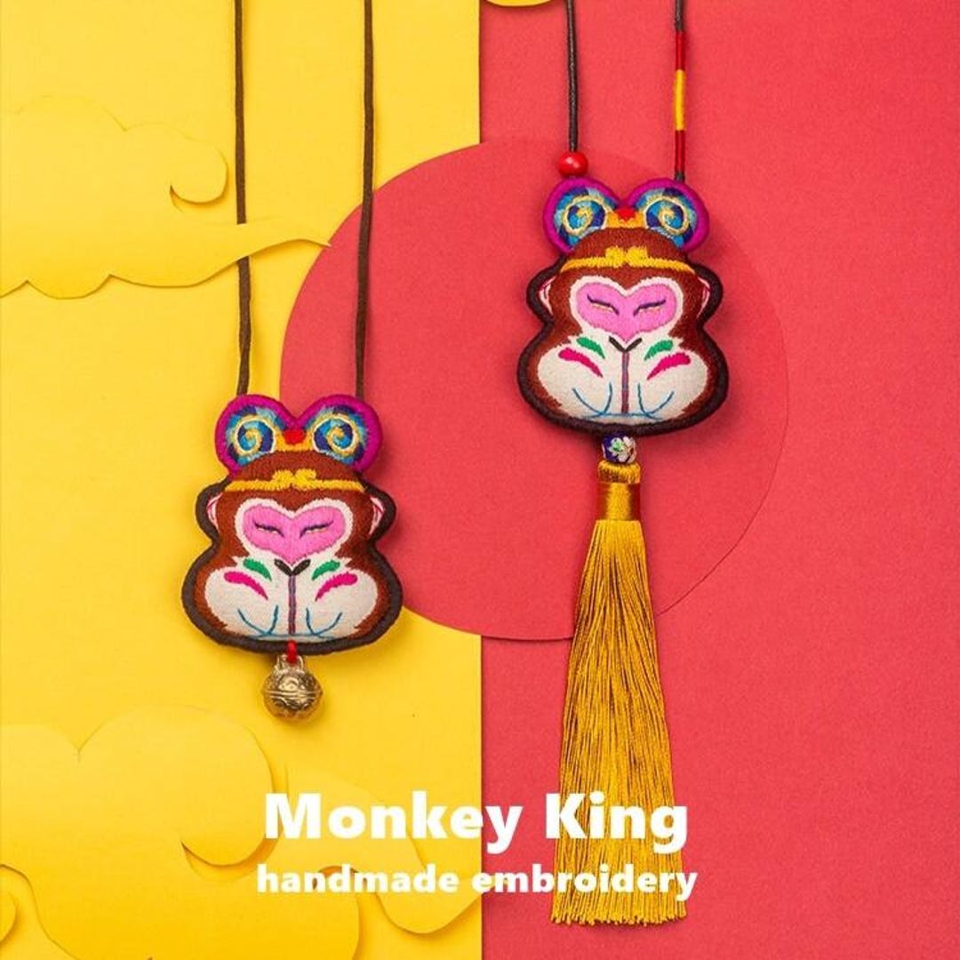 Wukong Monkey King Hand-embroidered Amulet, Chinese Zodiac Necklace ...