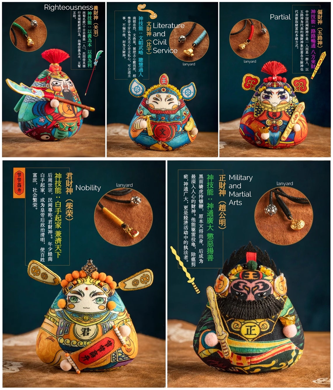 Five Gods of Wealth 5 in 1 Gift Set Hand Embroidered Needlepoint Art ...