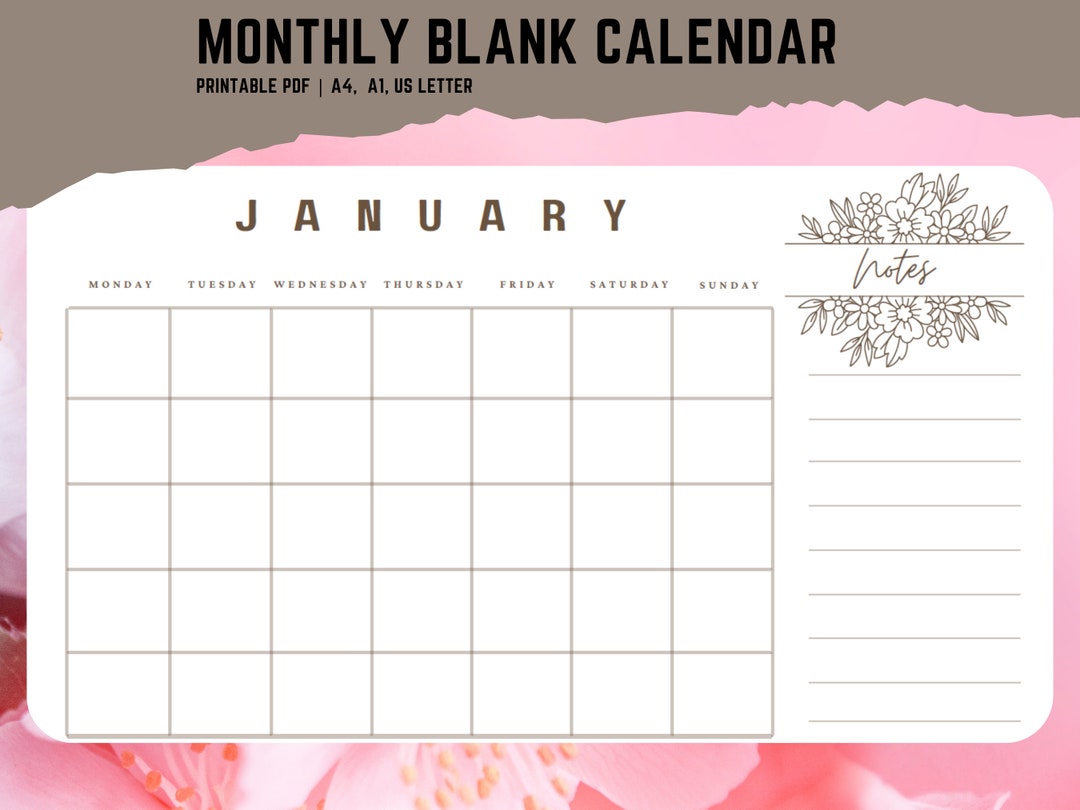 Calendrier imprimable mensuel Formats A1, A4 et US Letter Calendrier ...