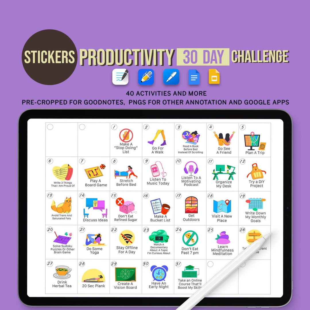 Productivity Sticker Pack, 50 Stickers Png 30 Day Challenge, Pre ...