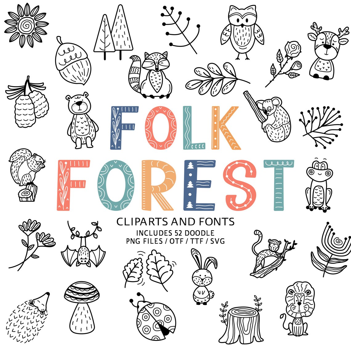Folk Forest Cliparts and Fonts, Instant File Otf, Ttf Font Download ...
