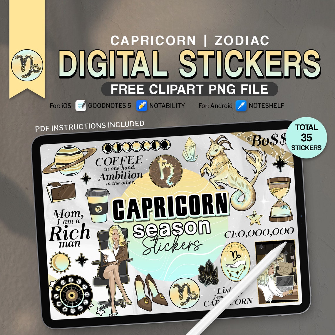Capricorn Zodiac Stickers: 35 PNG Astrology Planner Clipart (digital ...