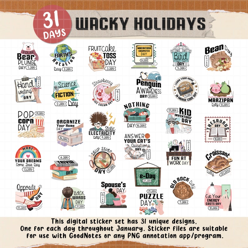 January Wacky Holidays Stickers, 25+ Png Funny Awareness Digital ...