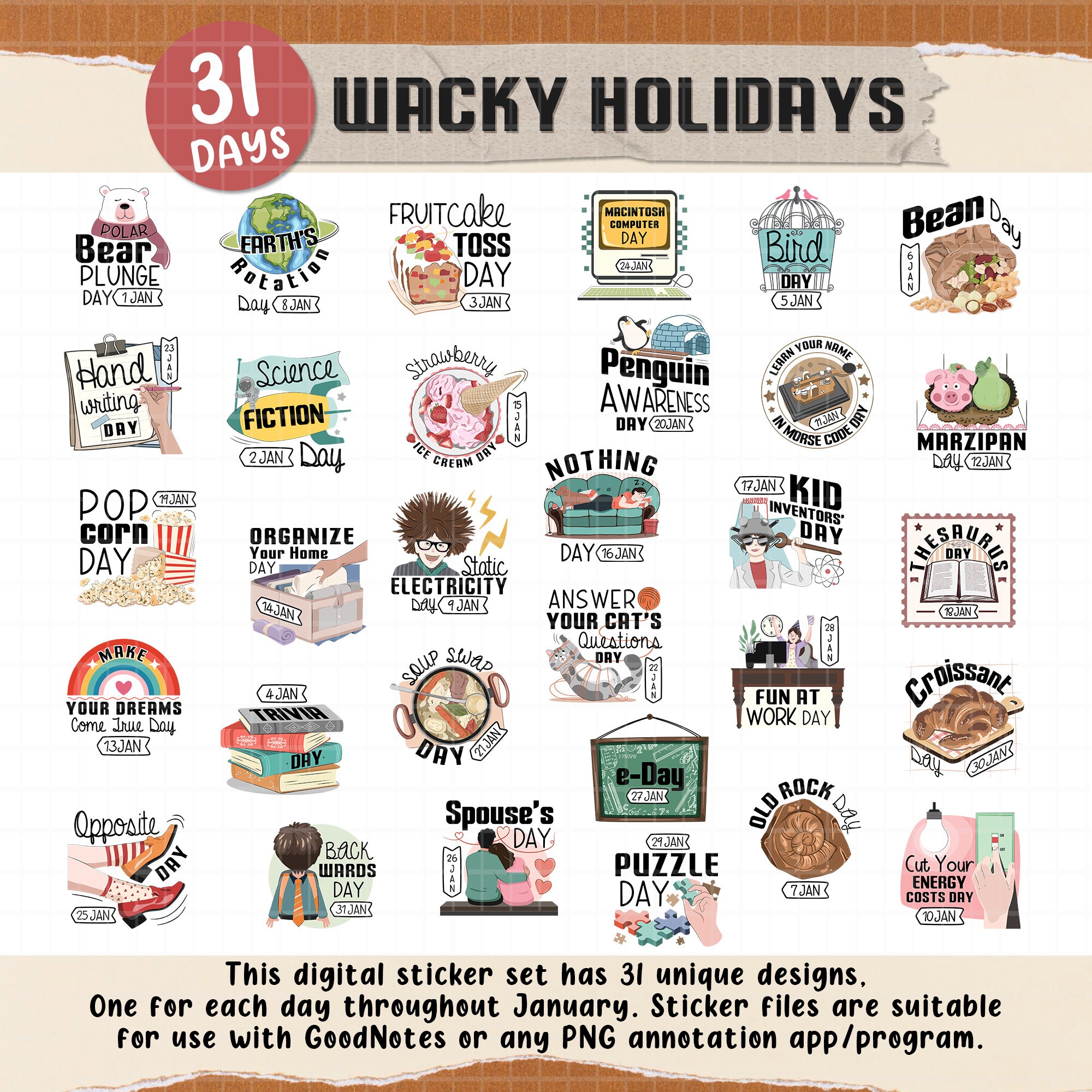 January Wacky Holidays Stickers, 25+ Png Funny Awareness Digital ...