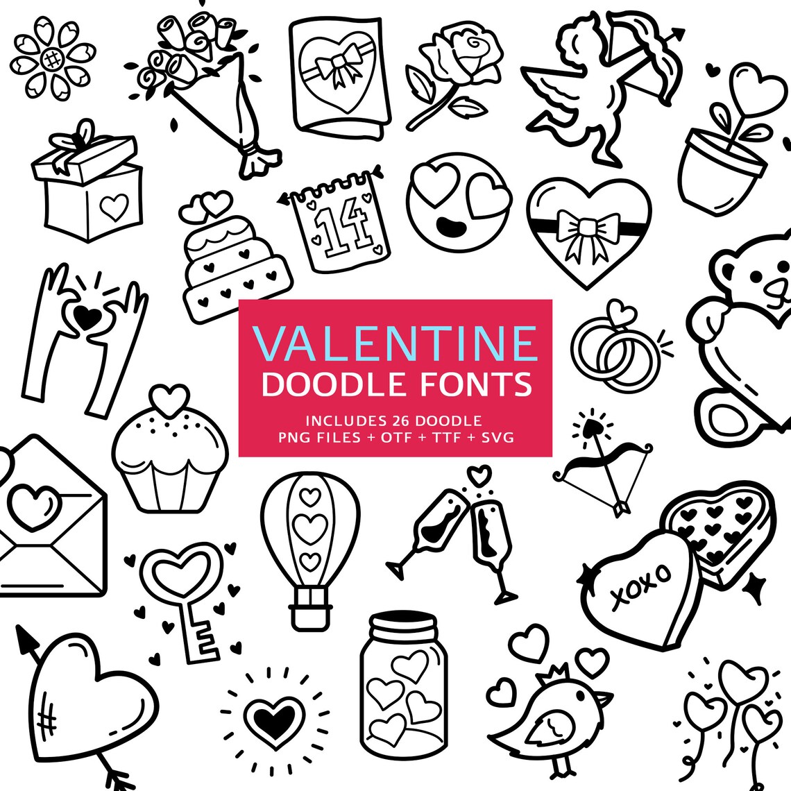 Valentine Doodle Fonts, Instant File Otf, Ttf Font Download, Digital ...